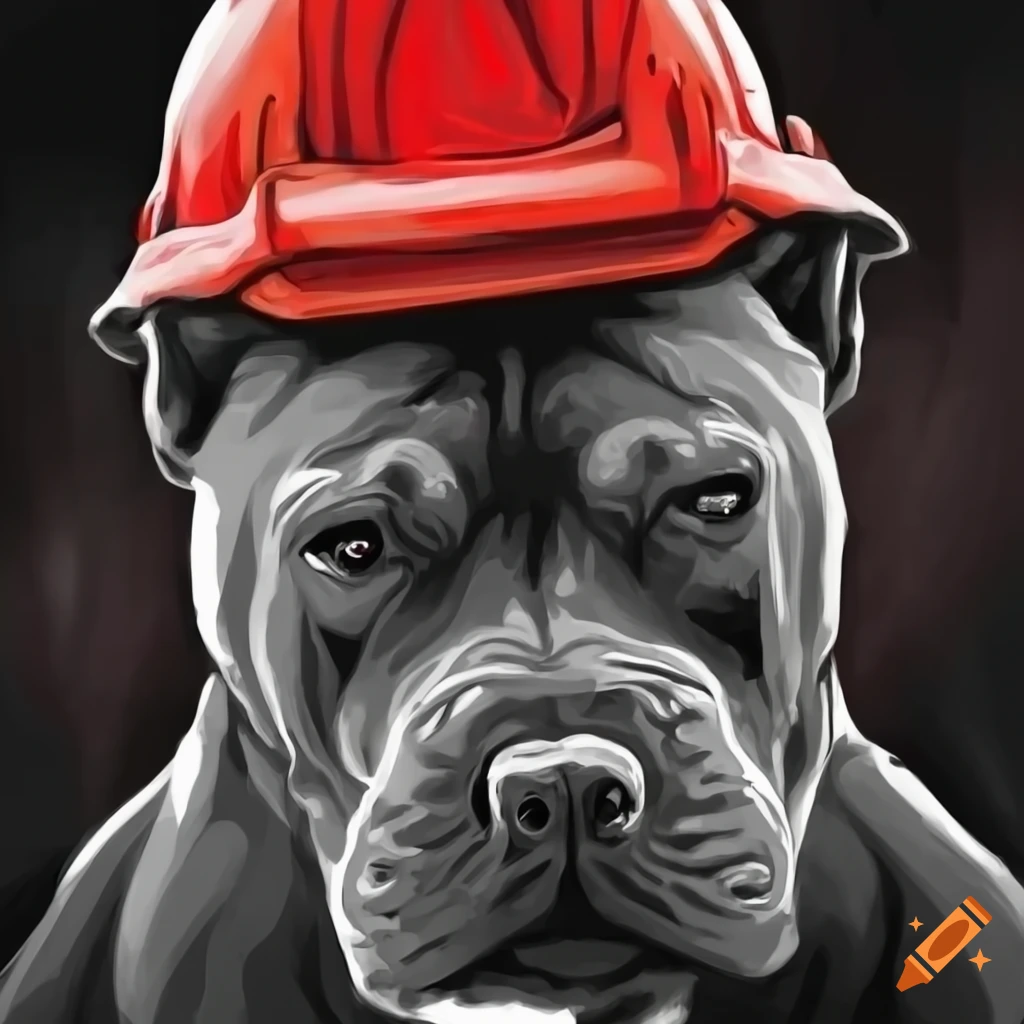 Muscular pitbull with a red hardhat in front of construction machinery ...