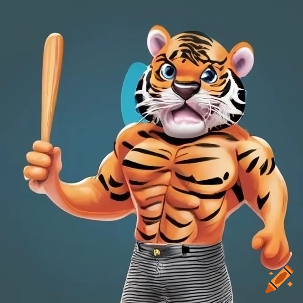 Cartoon tiger cub swinging baseball bat in pinstripe jersey on Craiyon