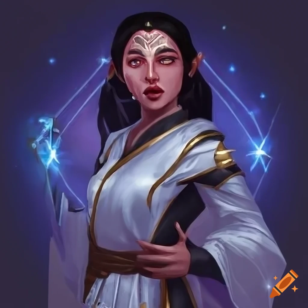 Detailed dnd character art of a young woman in celestial white robes ...