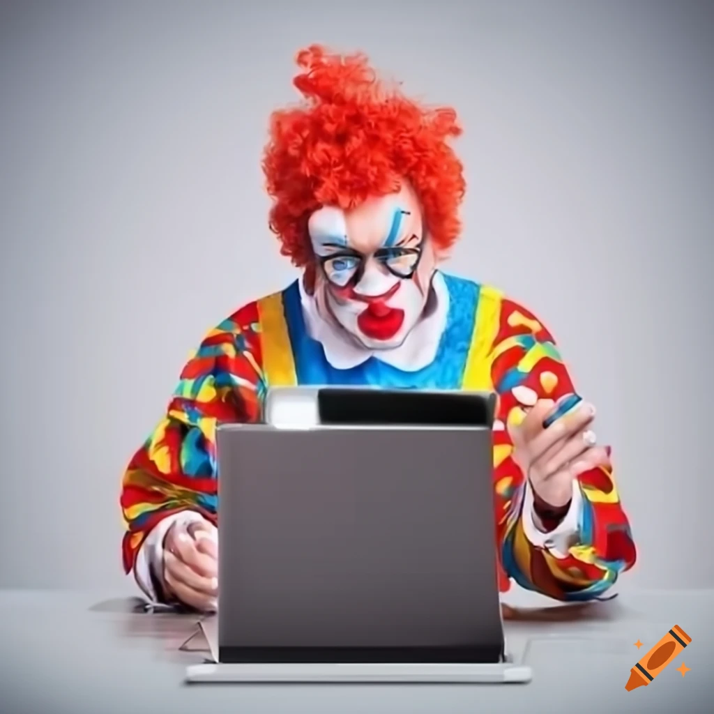 Confused accountant in a clown costume typing on a computer on Craiyon