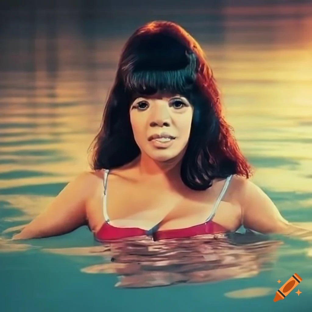 Ronnie spector in a 60s swimsuit at sunset by a pool in front of an old movie theater on Craiyon