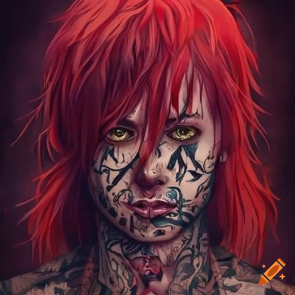Detailed horror anime character with tattoos and intense emotion on Craiyon