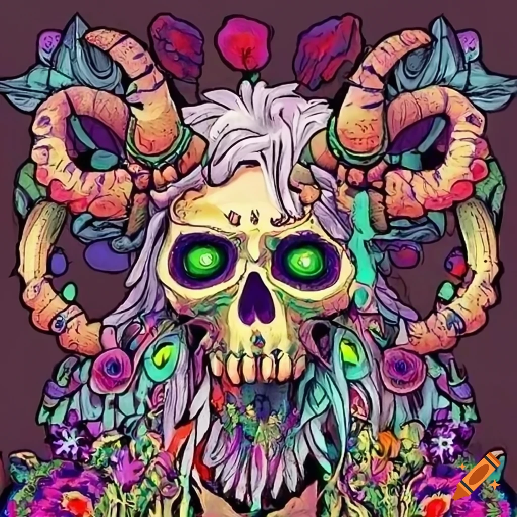 Skull druid shaman with Aries horns and colorful plant with poppy on ...