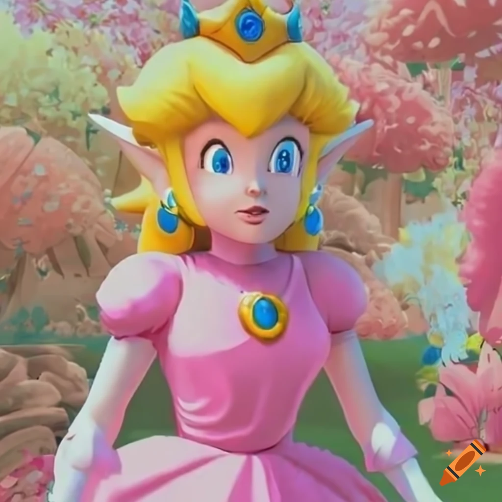 Princess peach and link in pink silk ballgowns strolling in a garden on ...