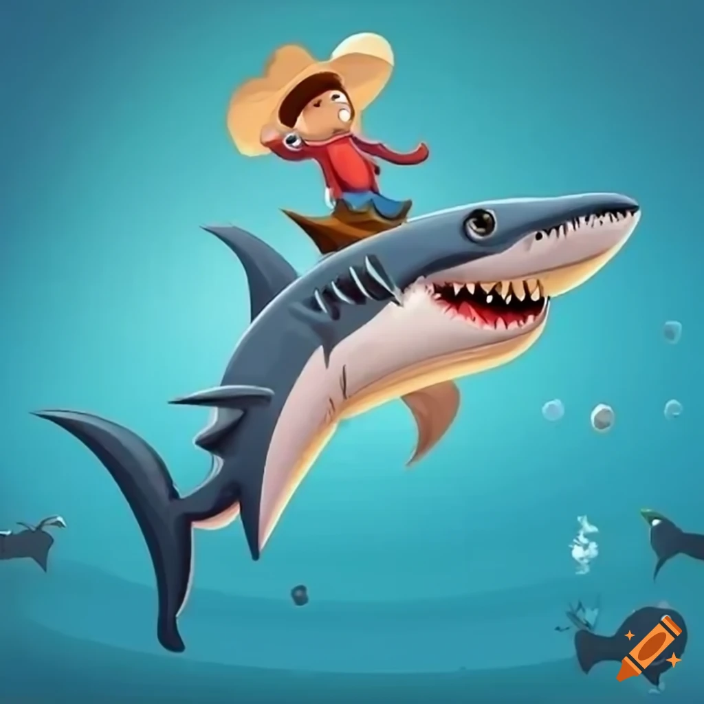Cartoon cowboy riding a shark jumping out of water on Craiyon