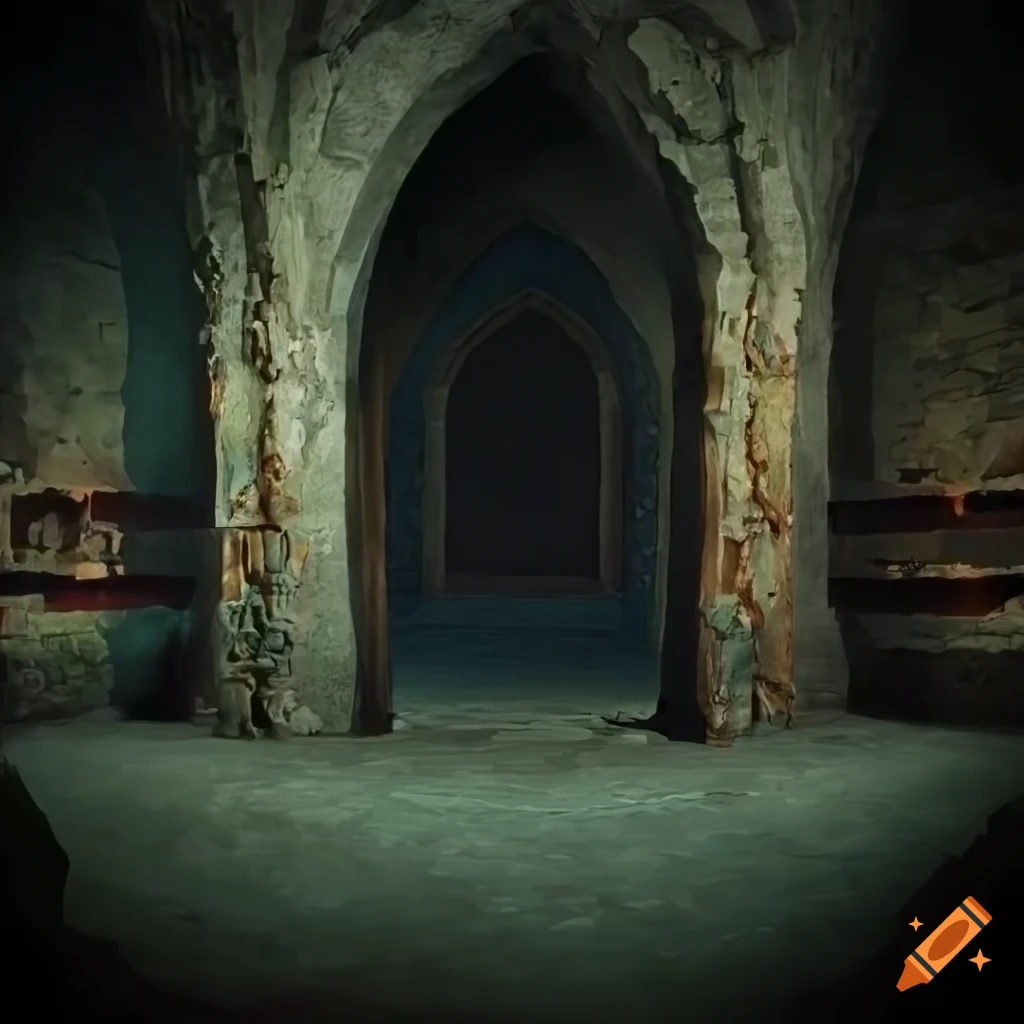 Dark underground ritual chamber with stone pillars and murky water on ...