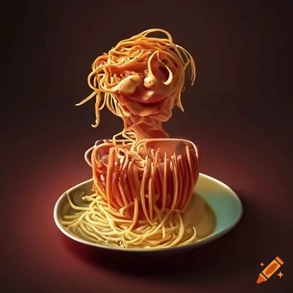 Whimsical scene of a spaghetti figure gracefully dancing on a plate on ...