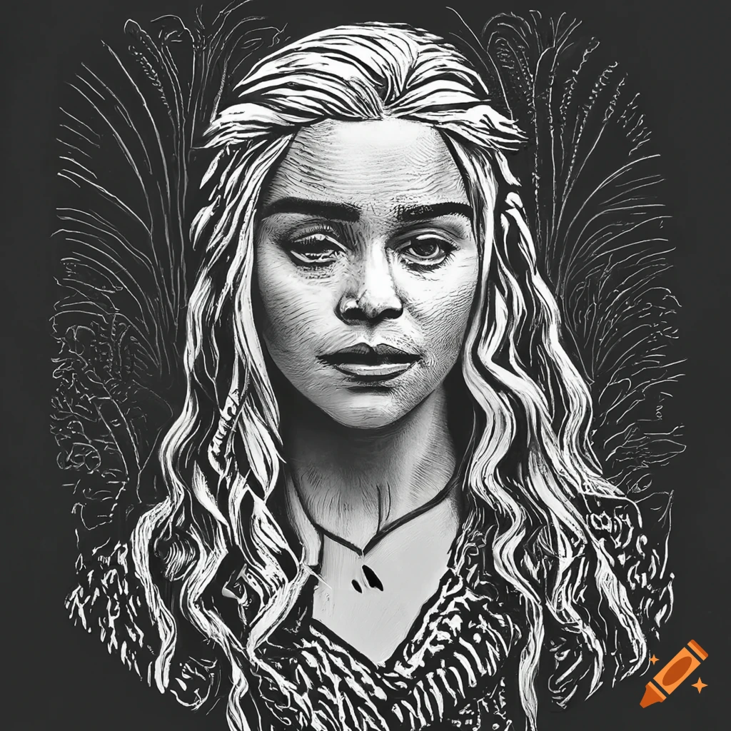 Stylized monochrome linocut engraving portrait of Daenerys on Craiyon