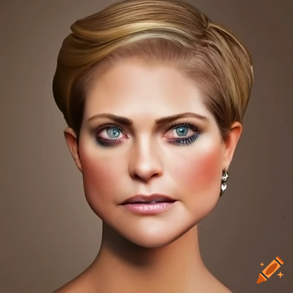 Close-up portrait of Princess Madeleine with pixie cut and expressive ...