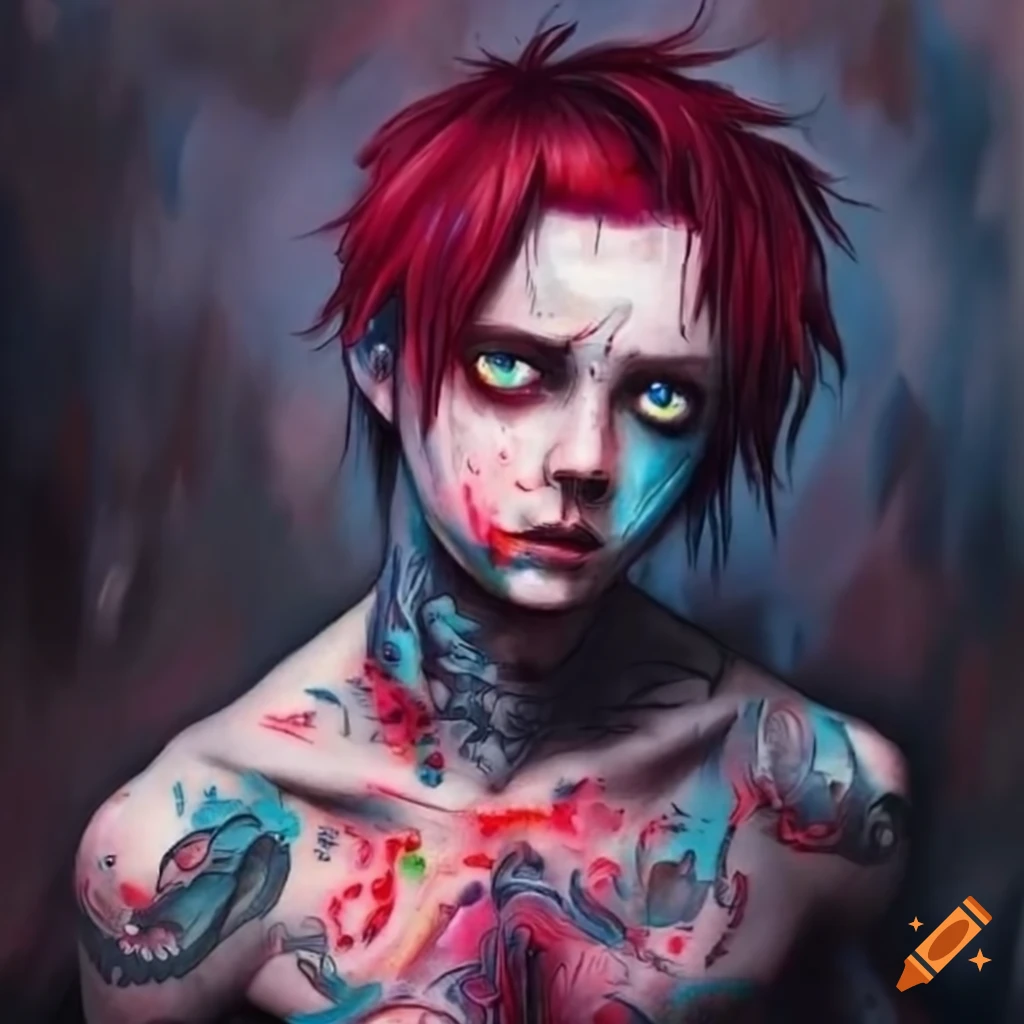 Detailed anime-style horror man with tattoos in intense emotion, hip ...