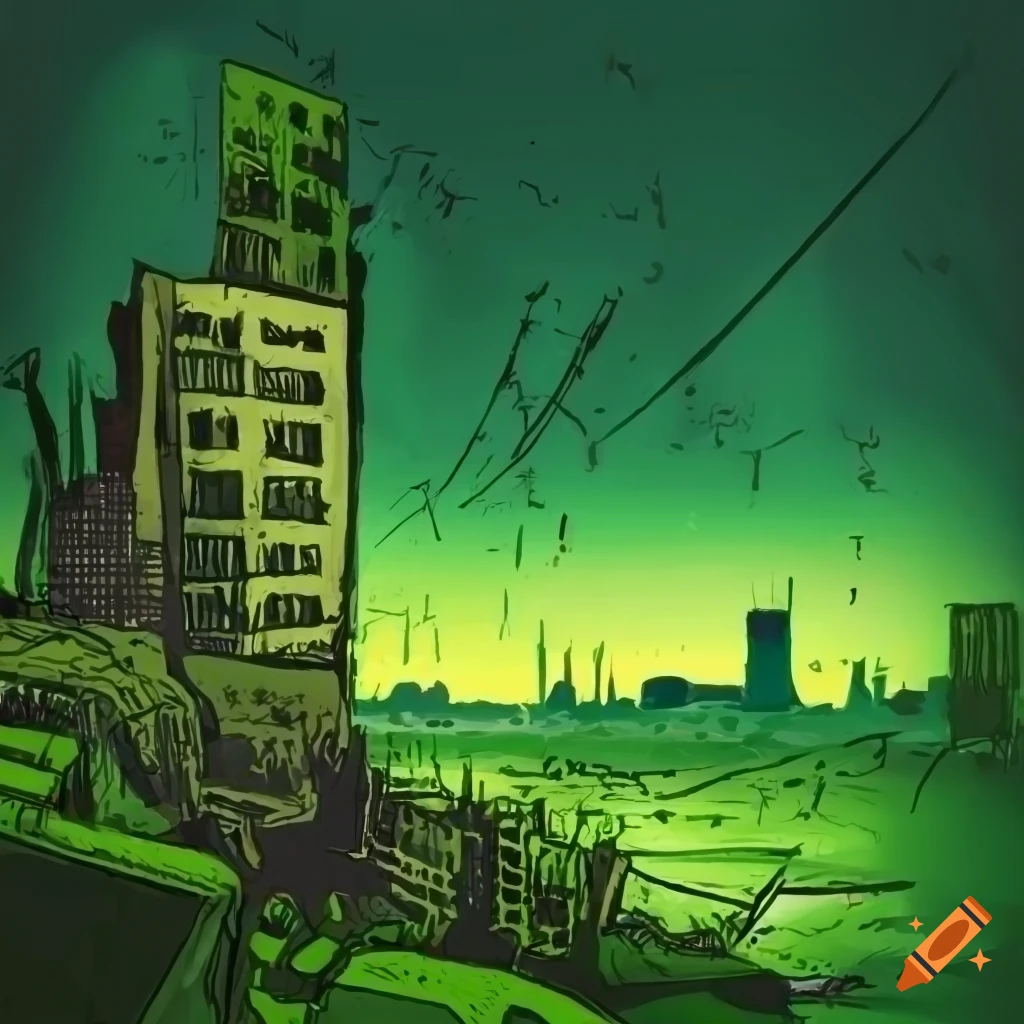 Post-apocalyptic green landscape with city in the background on Craiyon