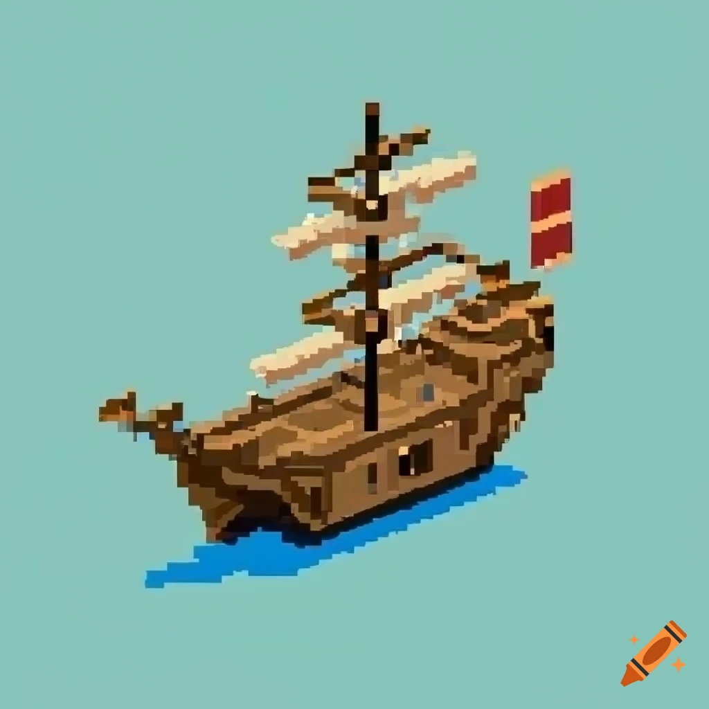 Isometric pixel art of a wooden ship on Craiyon