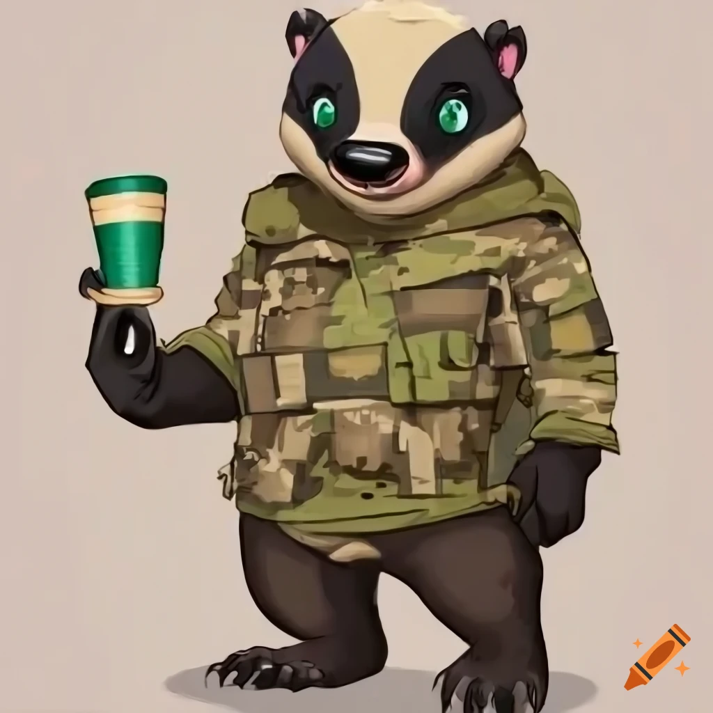 Smiling honey badger in military ocp pattern shirt with starbucks ...