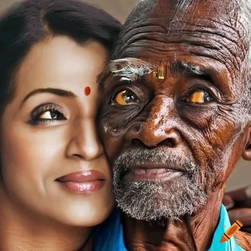 Close-up portrait of Tamil actress Trisha Krishnan and a wise elderly Ghanaian man on Craiyon