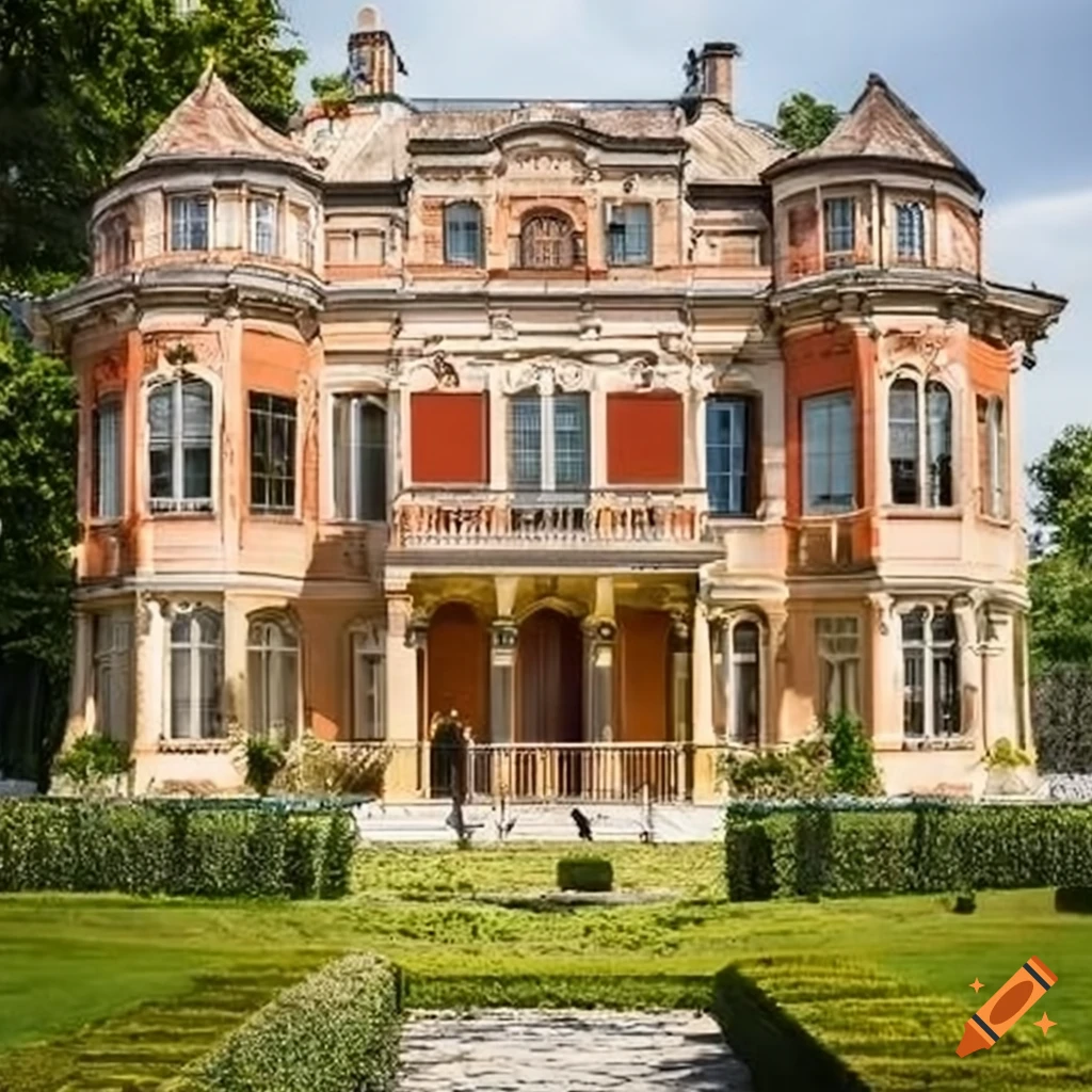 Opulent roman-inspired villa with european gardens in full bloom on Craiyon