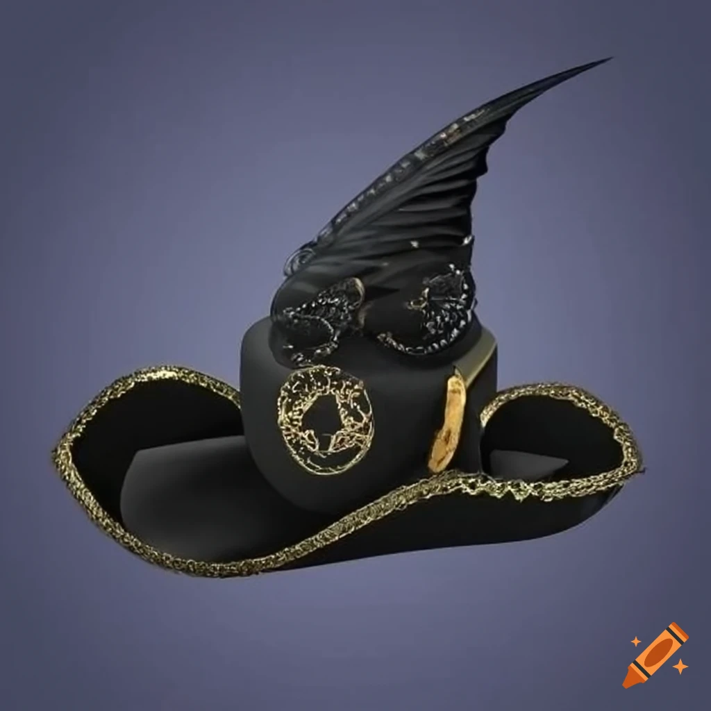 Dark witch hat with gold filigree and raven feather on Craiyon