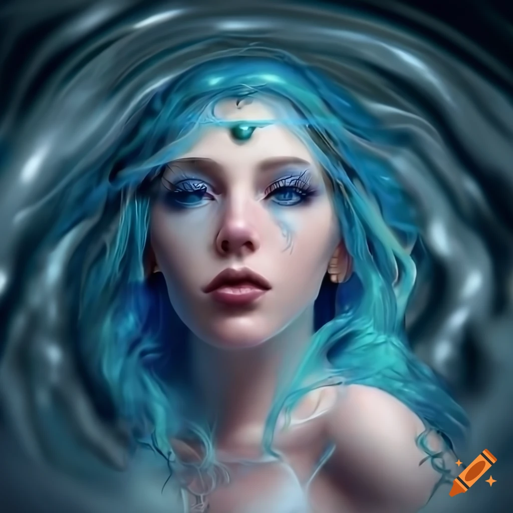 Enchanting water nymph with long blue hair emerging from a whirlpool on ...