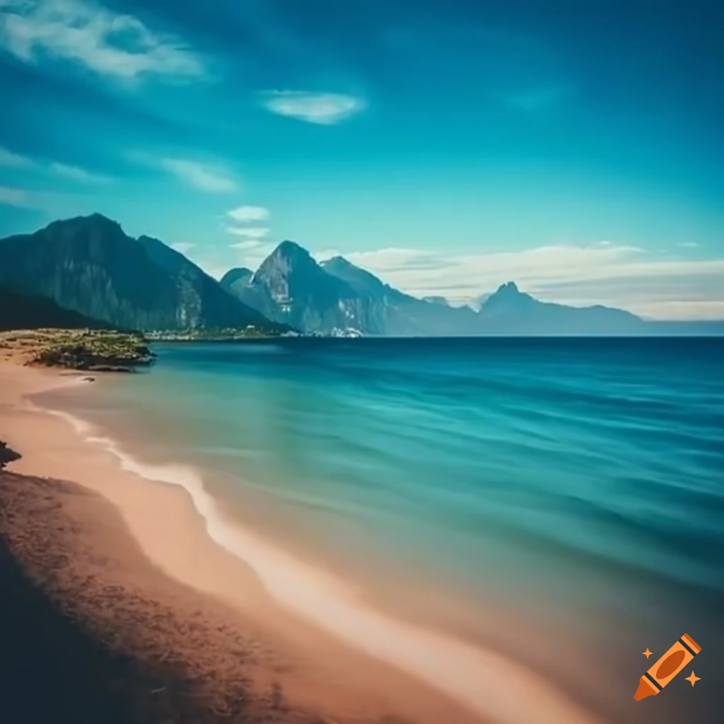 Stunning seaside scenery with mountains reaching to the sky on Craiyon