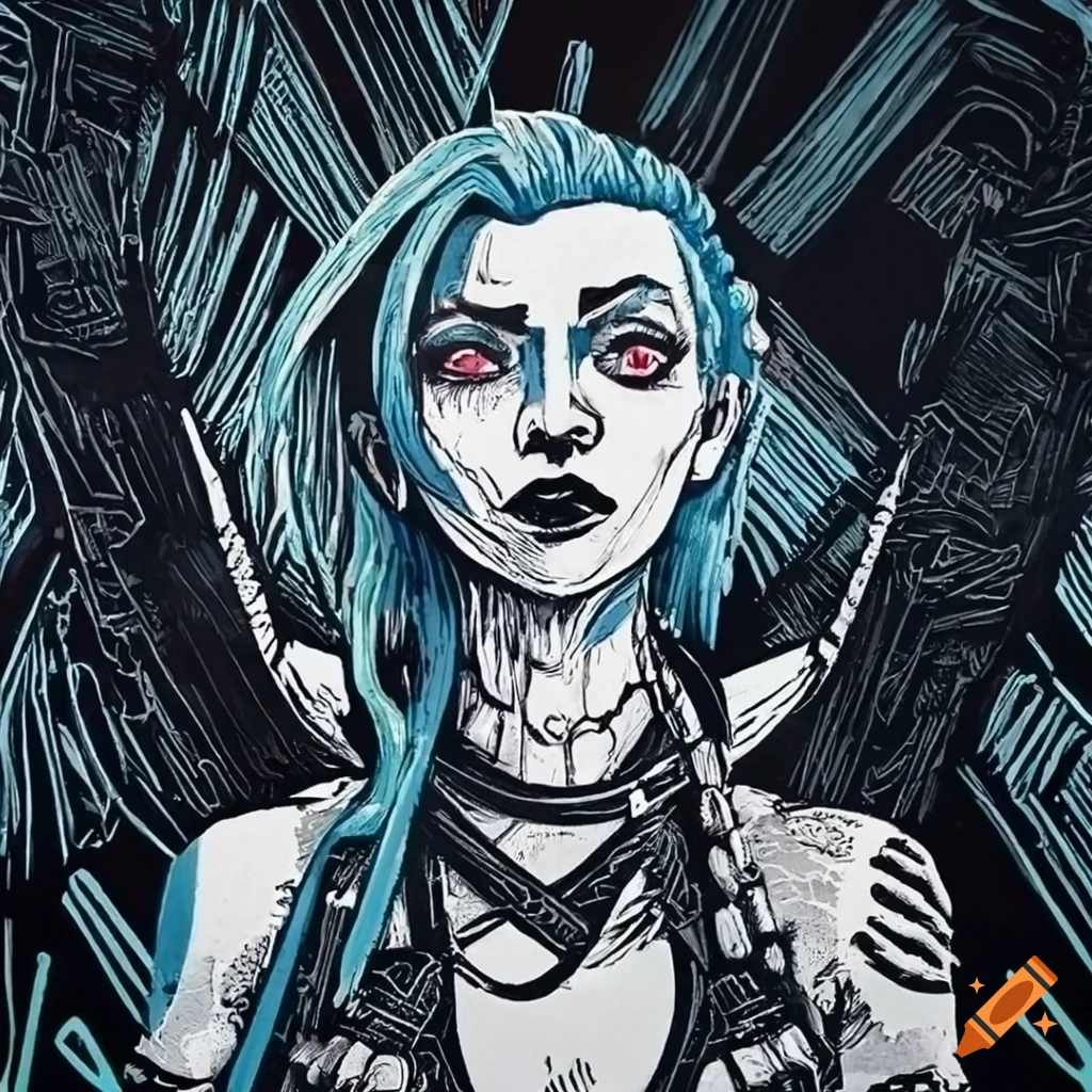 Linocut engraving of 'Jinx' character from Arcane in monochrome on Craiyon