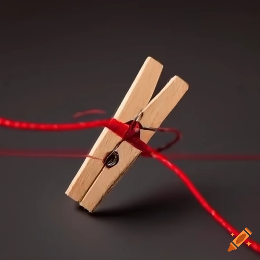Wooden clothespin next to a sewing needle with a red string on Craiyon