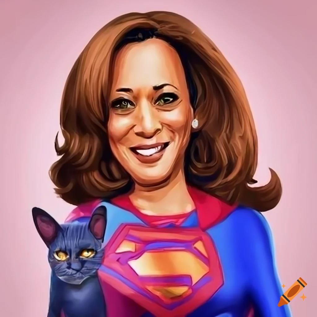Illustration of Kamala Harris as a superhero riding a cat on Craiyon