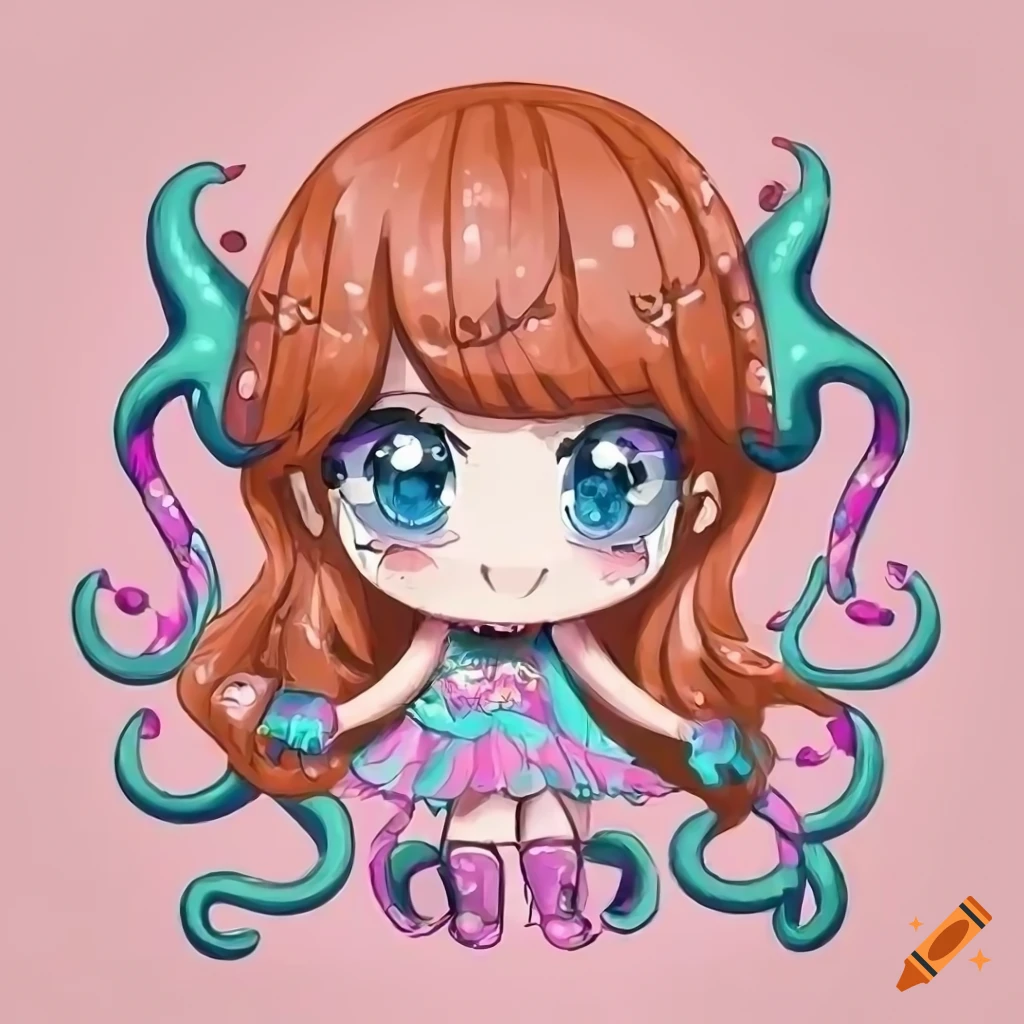 Chibi anime octopus girl with ginger bob and blue eyes in pastel goth ...