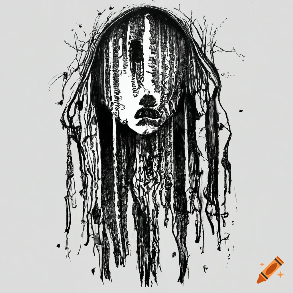 Intricate ink drawing of a weeping ghost consumed by severe depression ...