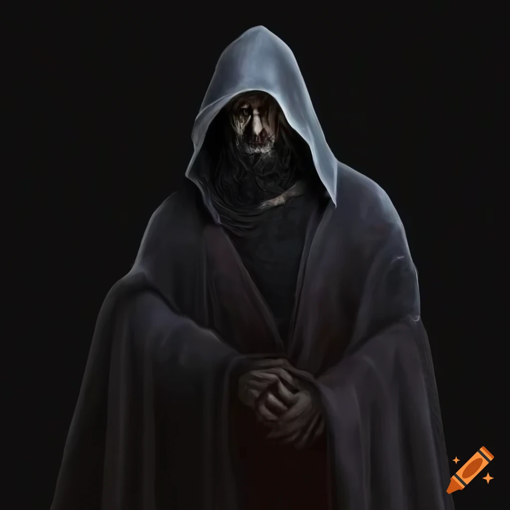 Dark wizard with black beard in black robe and hood on Craiyon