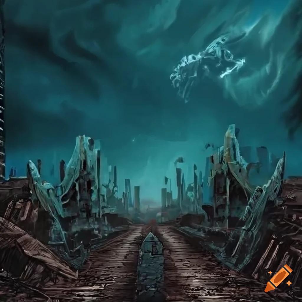 Thrash metal band album cover with destroyed town and ominous storm ...