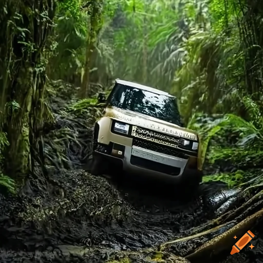 Land Rover Defender navigating deep mud in dense jungle during heavy ...