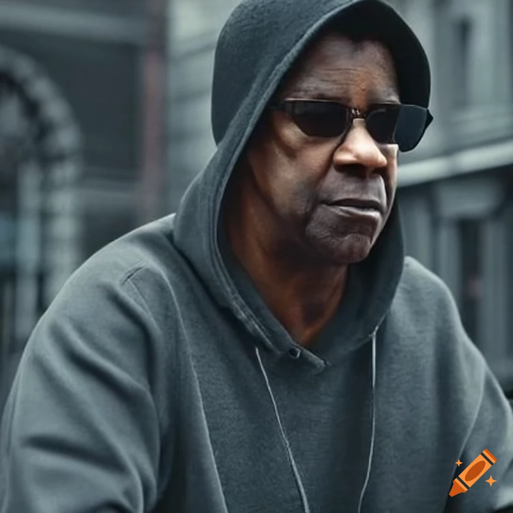 Denzel Washington in urban setting with hoodie and sunglasses on Craiyon