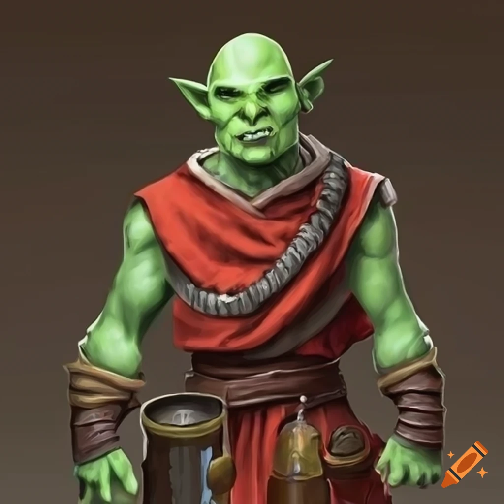 Fantasy male half-orc monk in red robes with a bottle of ale on Craiyon