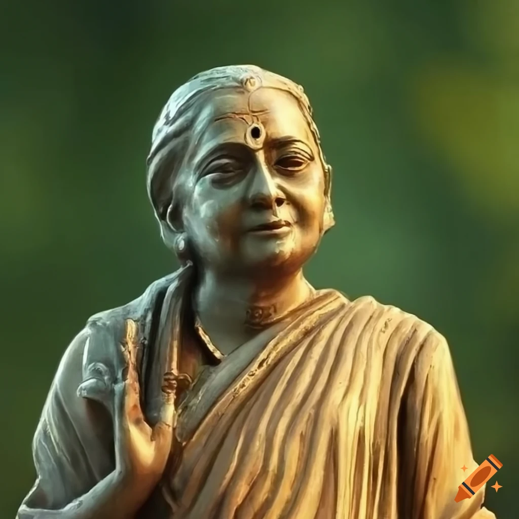 Mahadevi Varma's statue surrounded by greenery on Craiyon