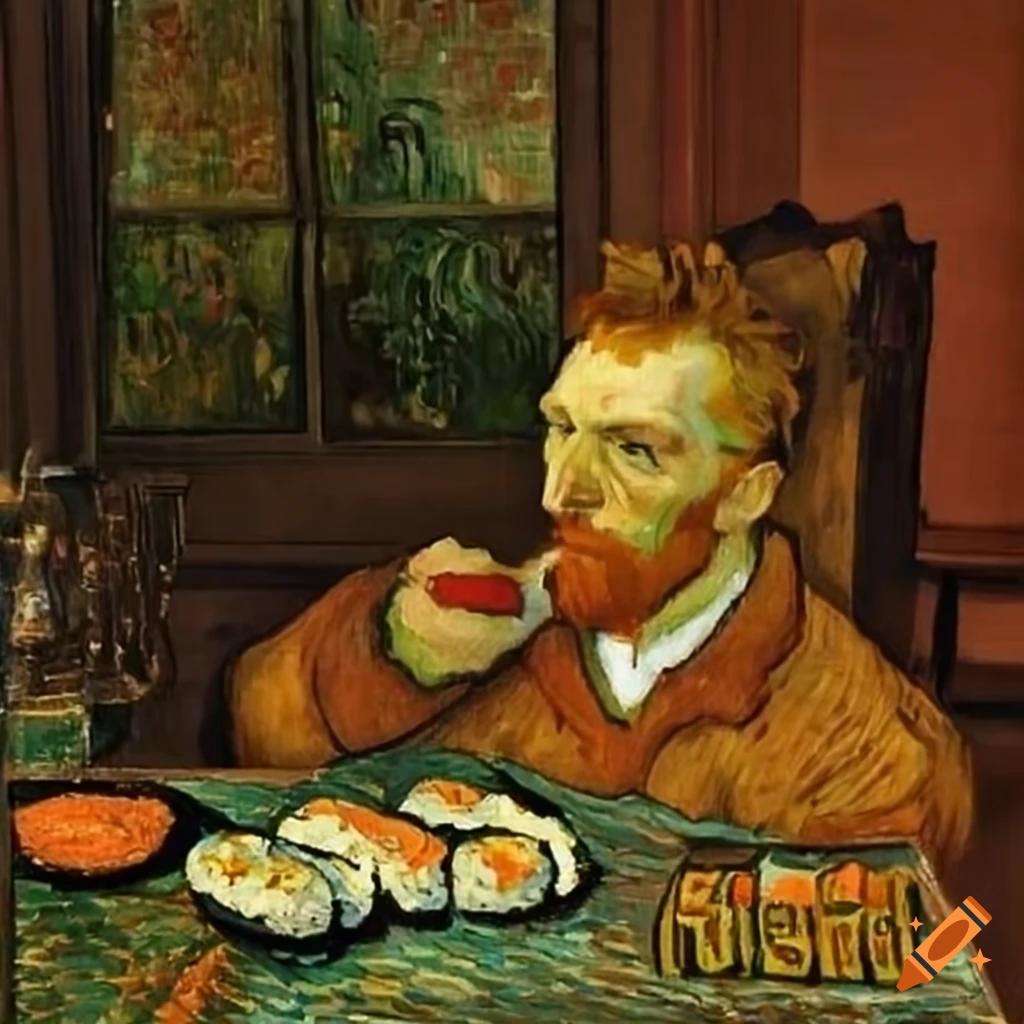 Vincent Van Gogh eating sushi in his room next to the window on Craiyon
