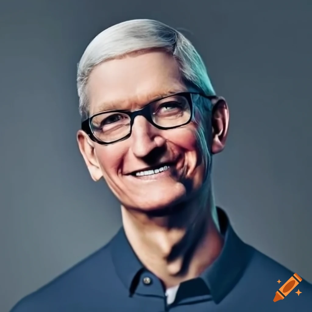 Apple CEO Tim Cook smiling confidently in a professional setting on Craiyon