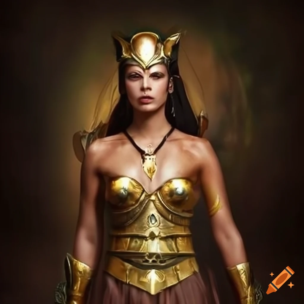 Amazonian warrior queen in vibrant attire and modest armor on Craiyon