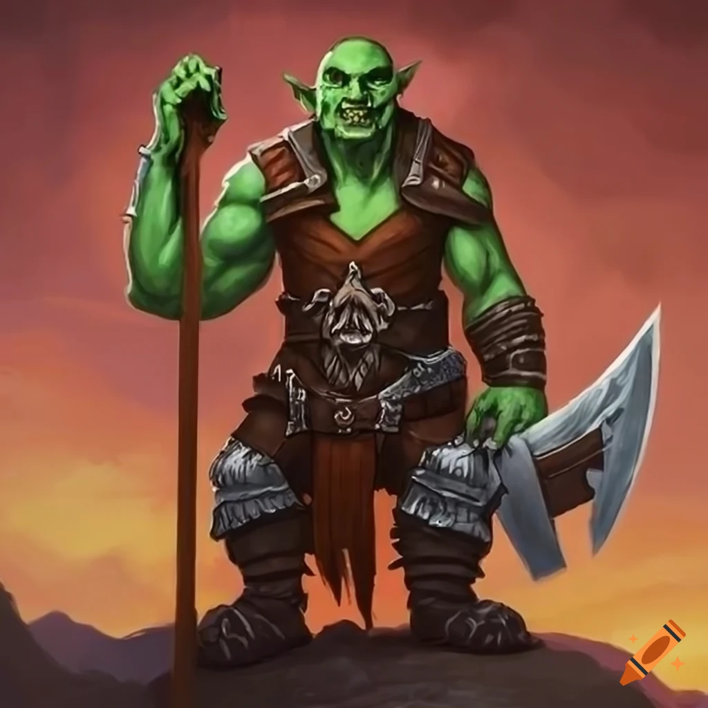 Hand-painted fantasy art of an orc warrior standing up in dungeons and ...