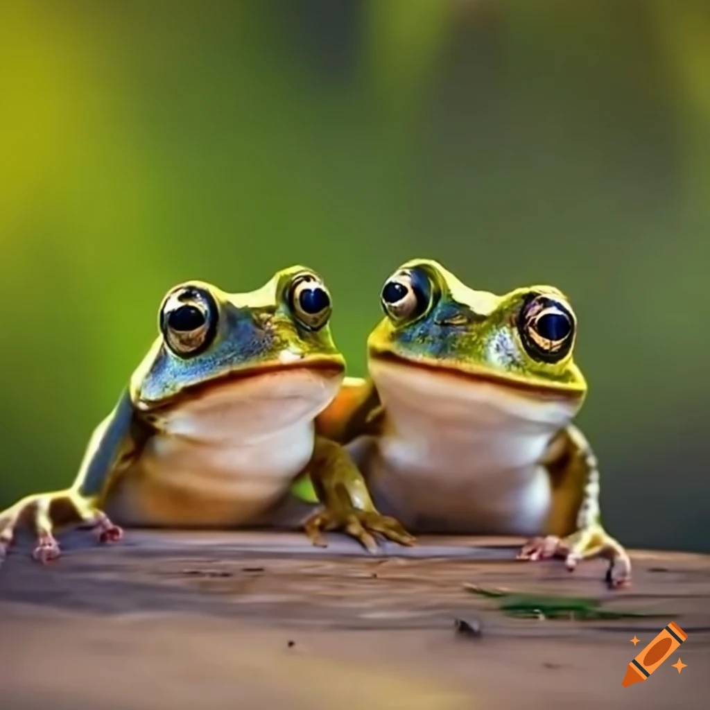 Two frogs soaking up the sunshine on a lake bank on Craiyon