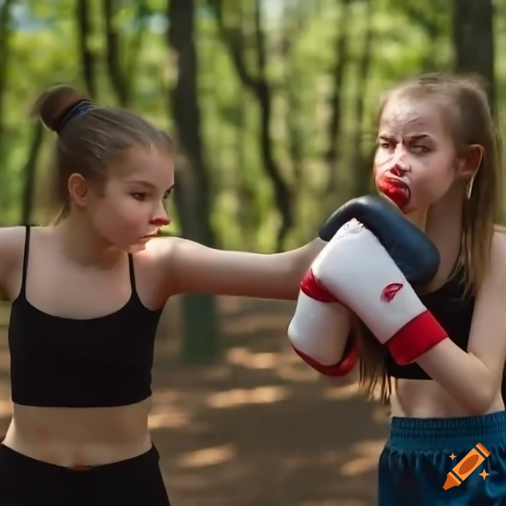 Playful boxing match between two girls in a forest under the sunshine ...