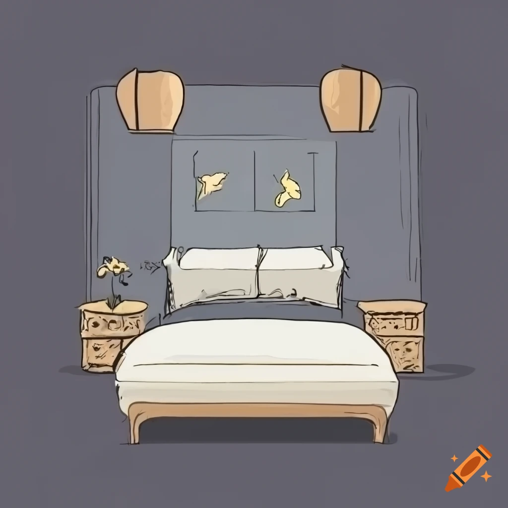 Room with a bed and desk in flat color outline with a stick figure ...