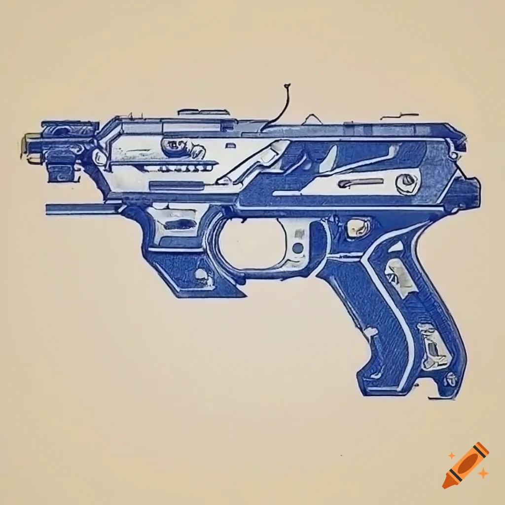 Schematical blueprint of a pistol resembling a nerf slyshot with logo ...