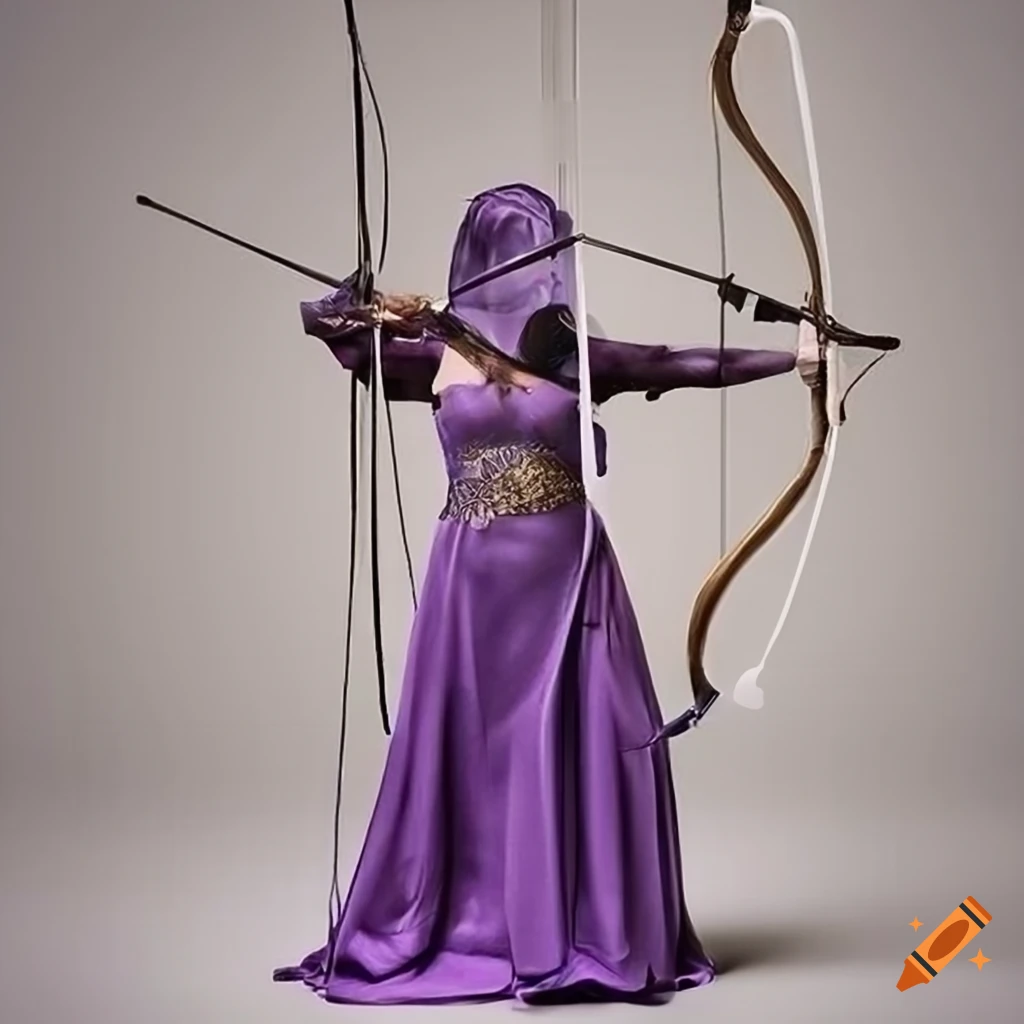 Lady archer with mask, bow, and arrow in violet attire on Craiyon