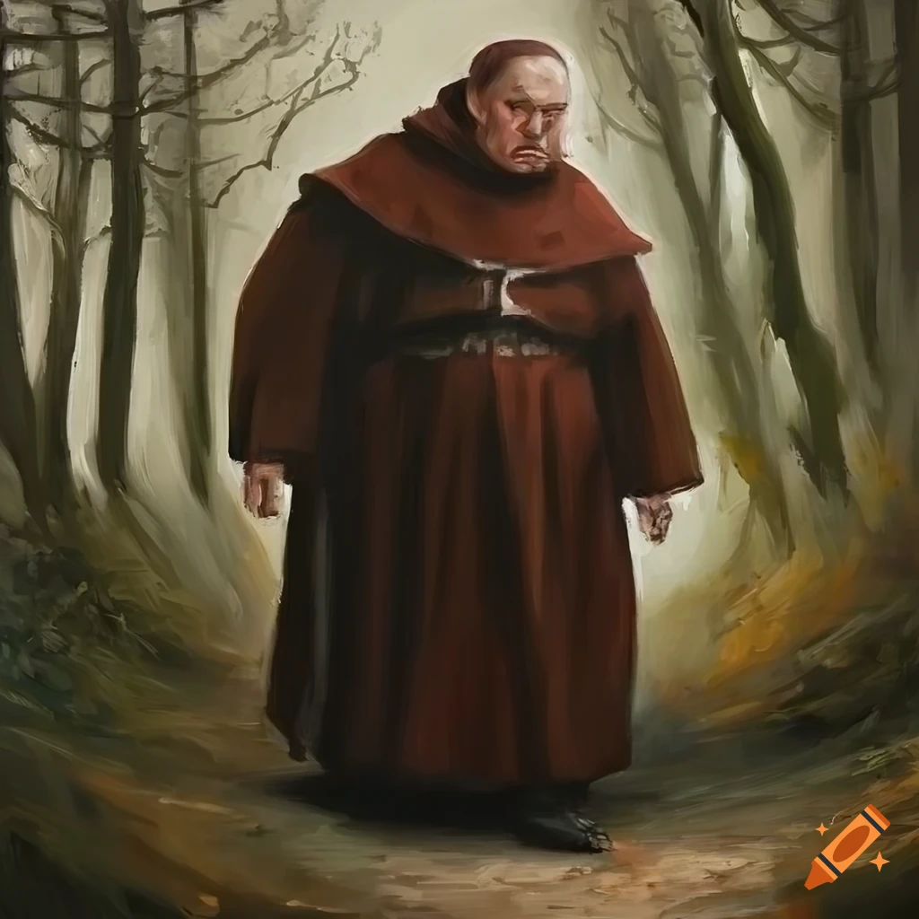 Plump friar on a dark forest path in an eerie setting on Craiyon