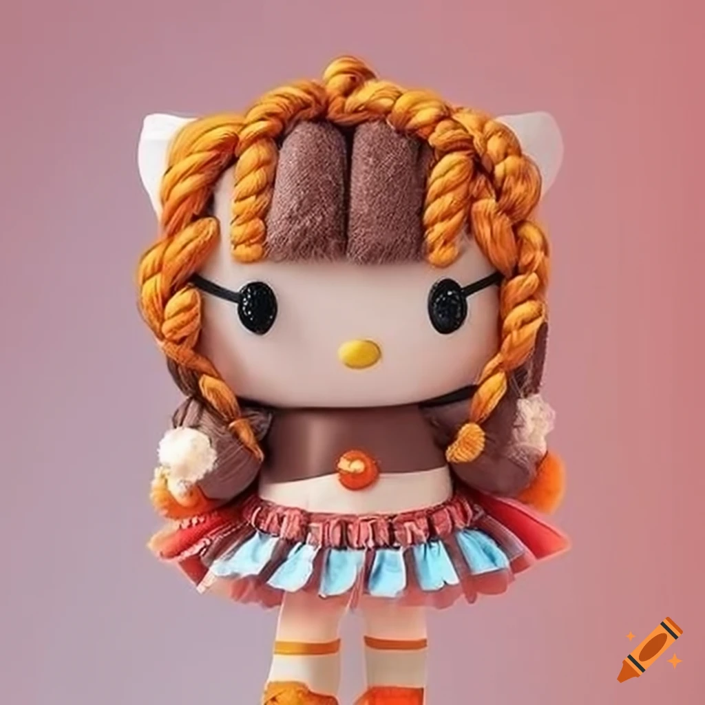 Brown Hello Kitty with orange braids in cute top and skirt on Craiyon