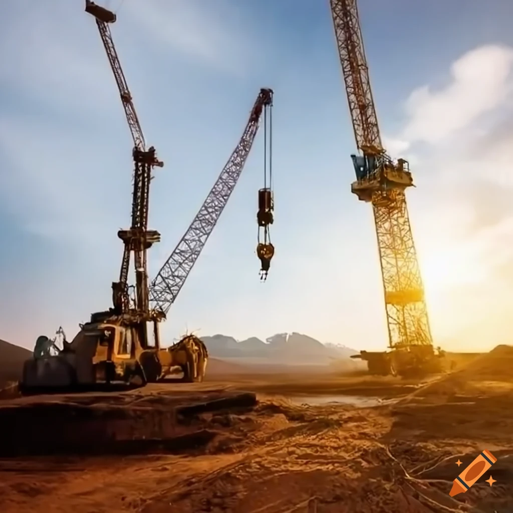 Construction site with a large crane and mounds of soil with mountains ...