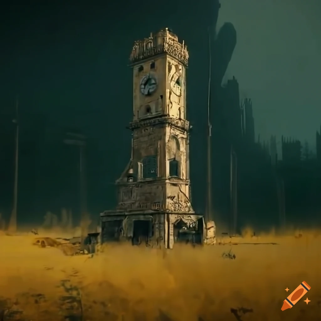 Destroyed clock tower in a post-apocalyptic yellow field on Craiyon