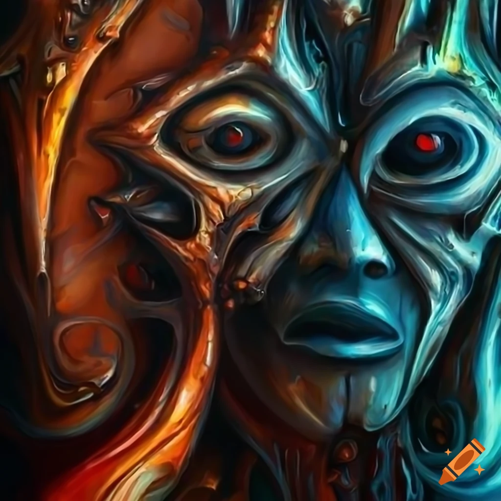 Biomechanical dark demon doorway in abstract oil painting on Craiyon