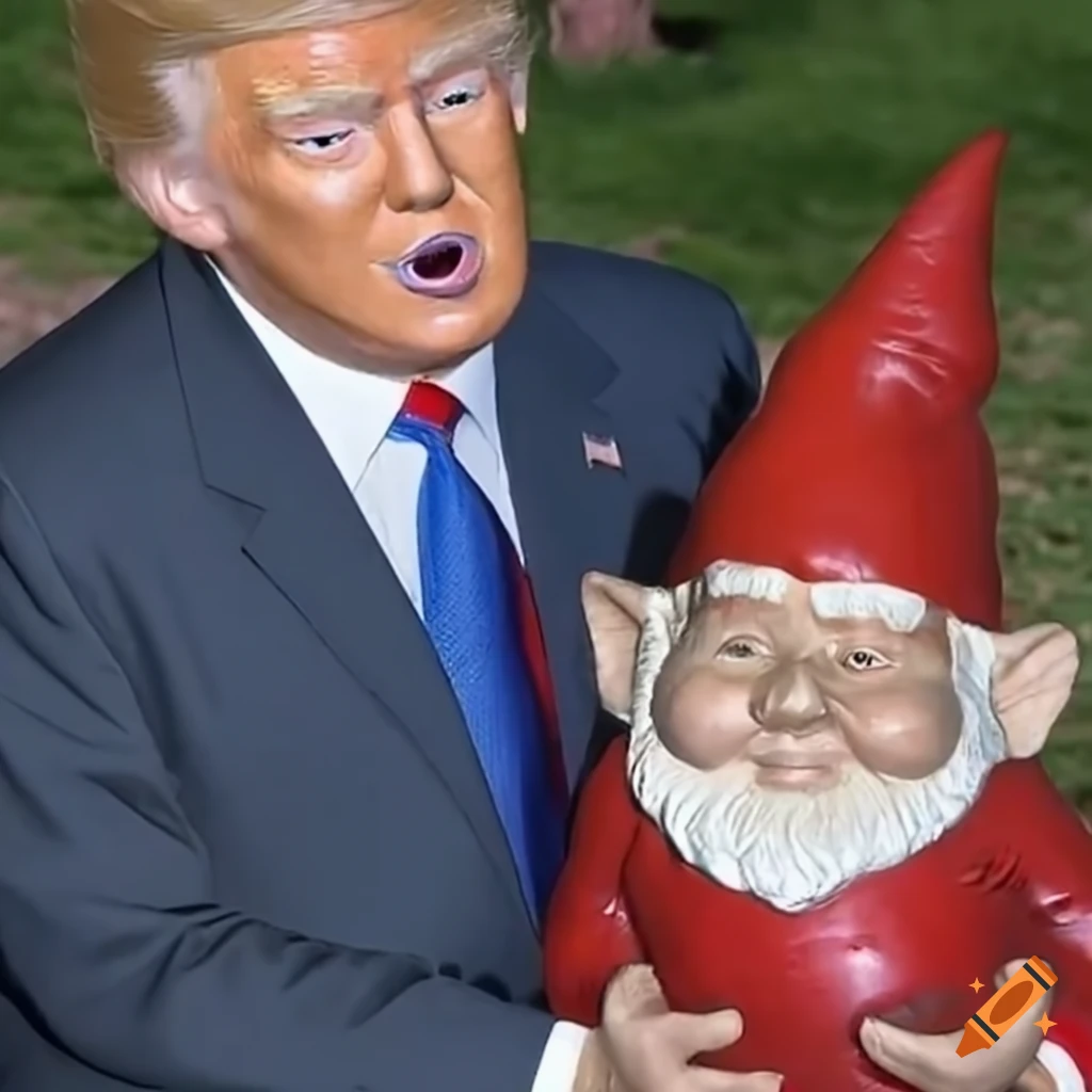 Satirical scene with Donald Trump and a garden gnome resembling JD ...