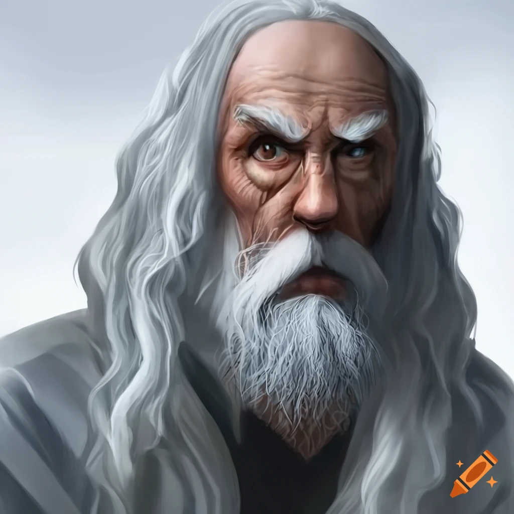 Elderly wizard with white beard and gray cloak in a realistic style on ...