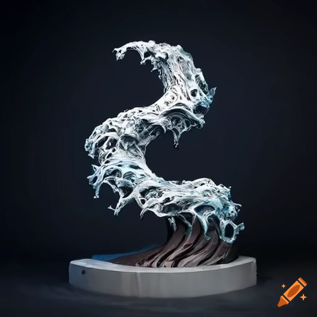 Anime steel and concrete sculpture representing molten ocean waves on ...